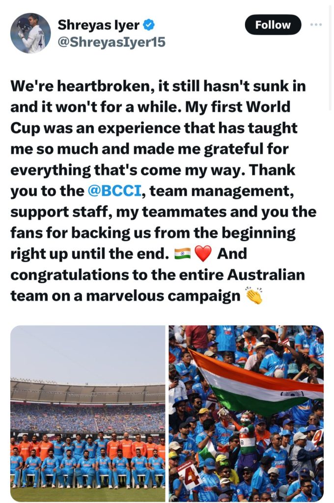 Shreyas Iyer Comes Out With An Emotional Message After India's Heartbreaking Defeat In World Cup ...