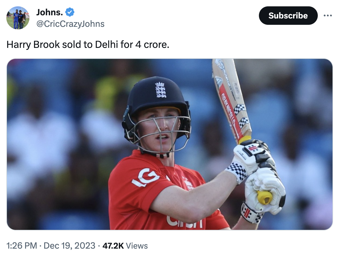 IPL 2024 Auction: Fans React As Harry Brook Gets Sold To Delhi Capitals ...