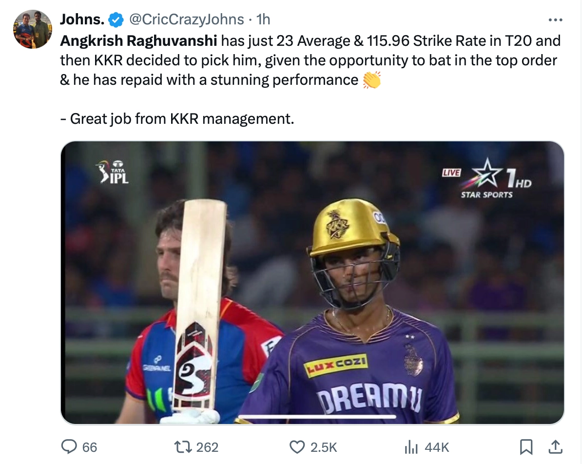 "Made In KKR Academy" Fans Heap Praise On Angkrish Raghuvanshi After A ...